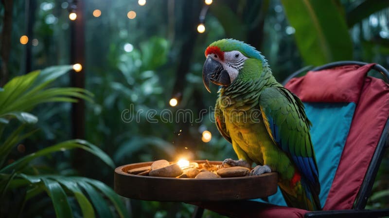 Beautiful Green Macaw Parrot Sitting on a Small Table at Night Stock ...