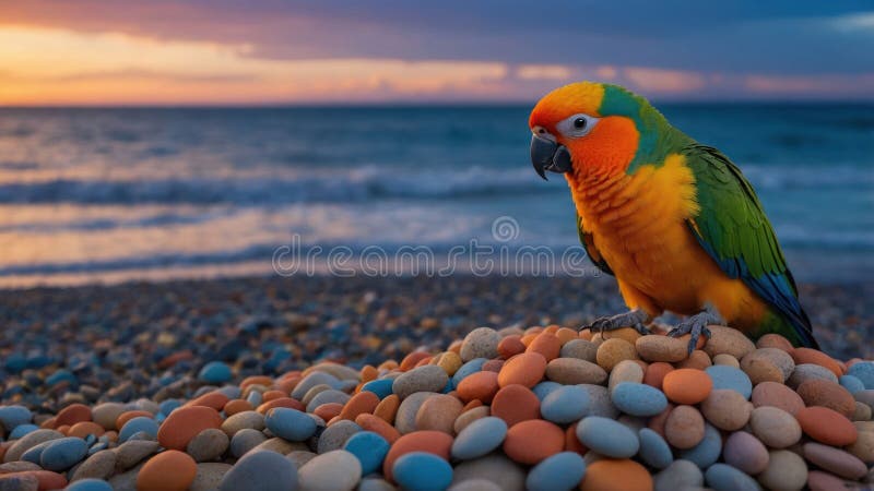 Sunsets Seascape with a Colorful Sun Parakeet on Smooth Stones Stock ...