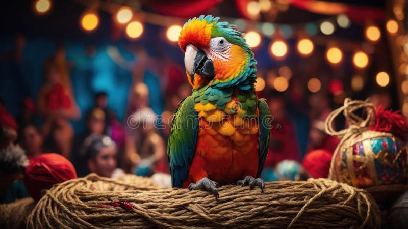 Vibrant Macaw Parrot Perched on Rope, Colorful Carnival Background ...