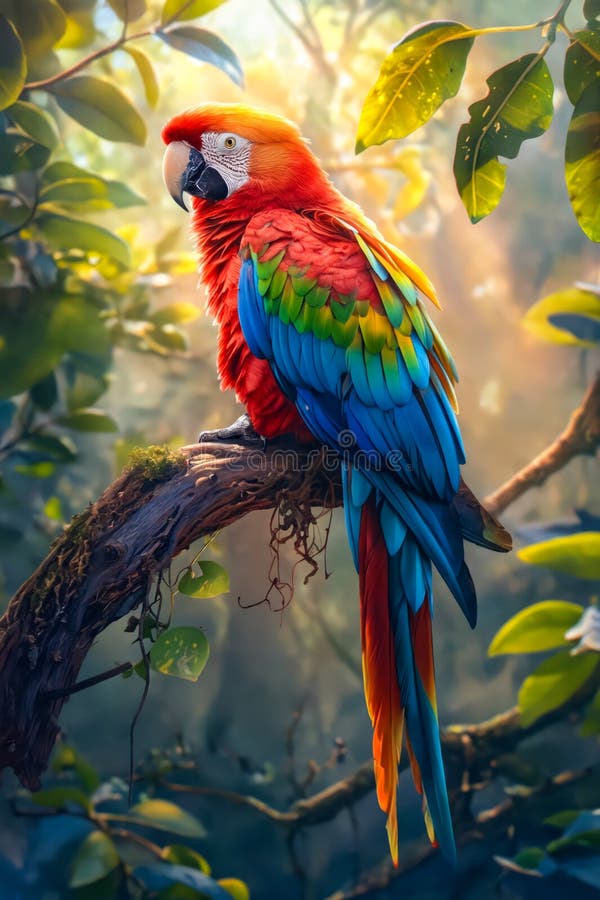 A Colorful Parrot Sitting on a Tree Branch in a Forest. Generative AI ...