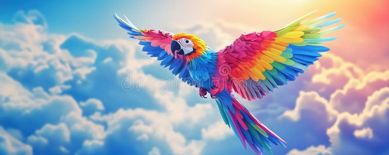 Colorful Parrot Soaring through Vibrant Clouds in a Bright Sky, Copy ...