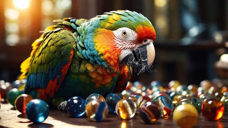 Vibrant Macaw Parrot among Colorful Marbles on Wooden Surface Stock ...