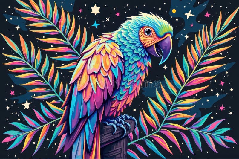Colorful Parrot with Tropical Leaves and Stars in Vibrant Night Sky ...