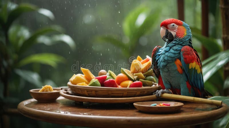 Vibrant Macaw Enjoying Tropical Fruits in Rain Stock Illustration ...