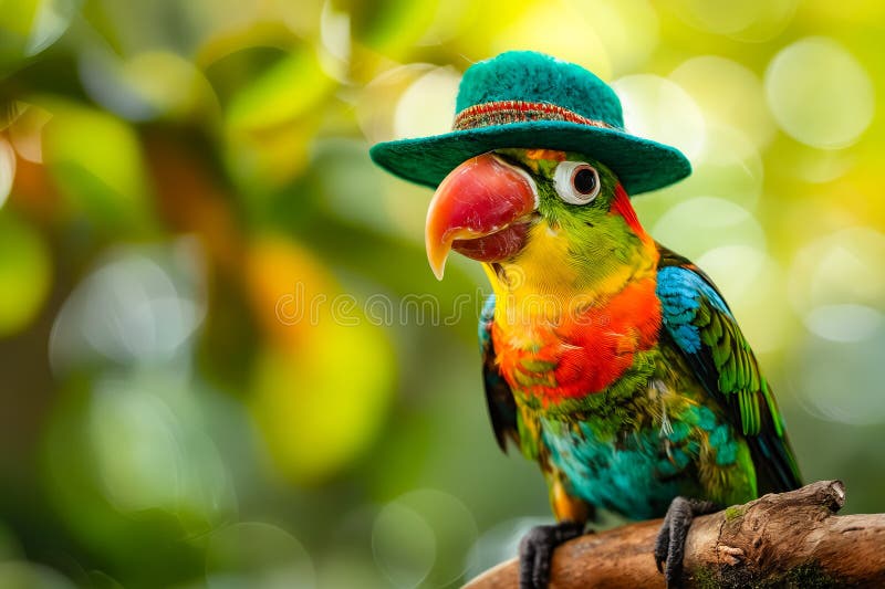 A Colorful Parrot Wearing a Green Hat Sitting on a Branch Stock Photo ...
