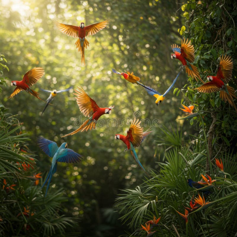 Colorful Parrots in Flight Over Lush Tropical Rainforest Stock ...