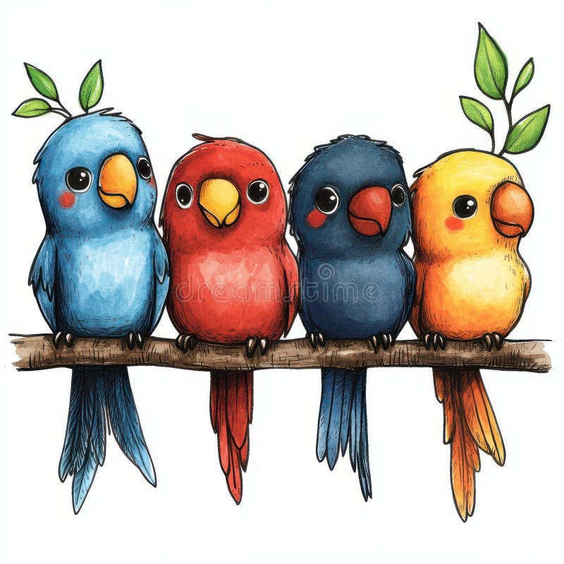 Colorful Parrots Perched on Branch Adorable Bird Illustration Stock ...