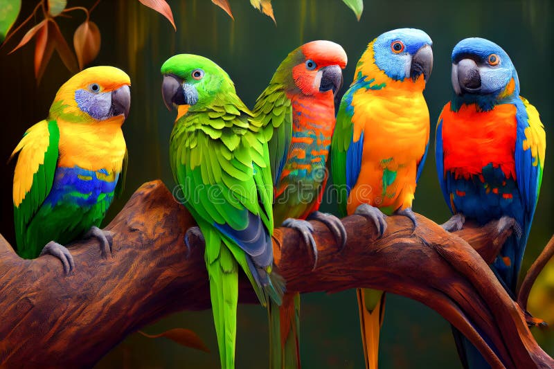 Colorful Parrots Sitting on a Tree Branch Isolated on Black Background ...