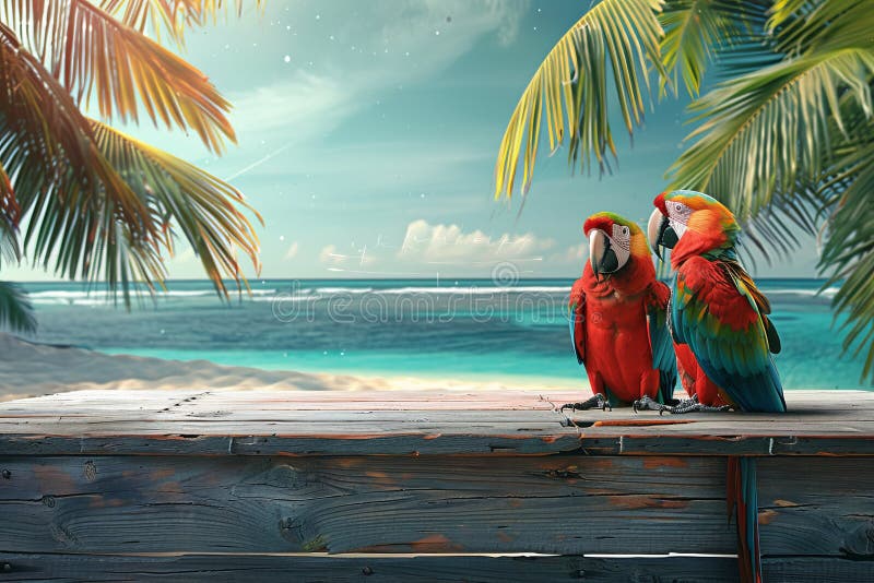 Colorful Parrots on Tropical Beach with Palm Trees and Ocean in ...
