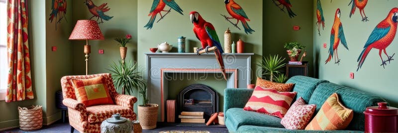 Colorful Parrots and Vibrant Decor in a Cozy Living Room Setting Stock ...