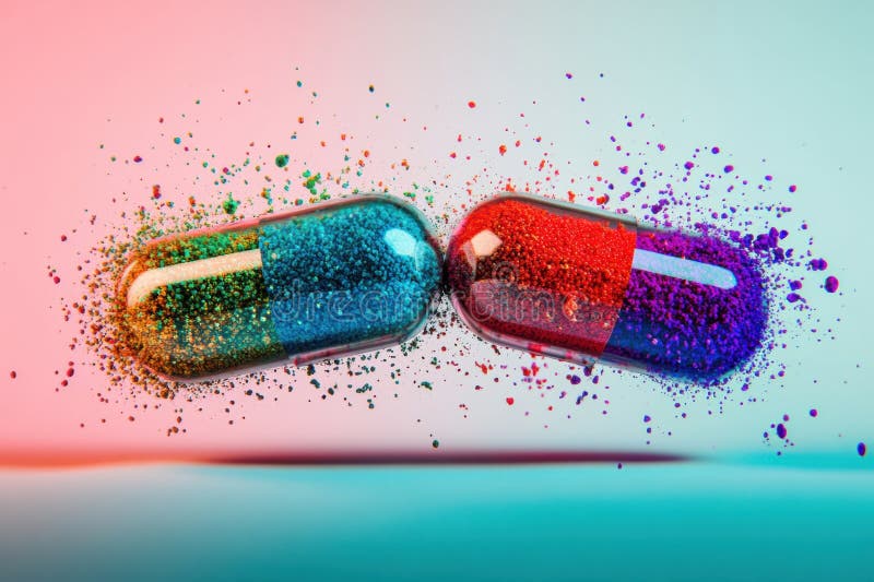 Colorful Particles Spill from a Split Capsule in a Vibrant and Dynamic ...