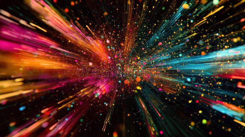 Colorful Particles Exploding from Center on Black Background Creating ...