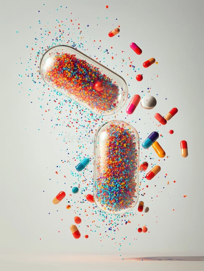 Colorful Particles Bursting from a Split Capsule in a Creative ...