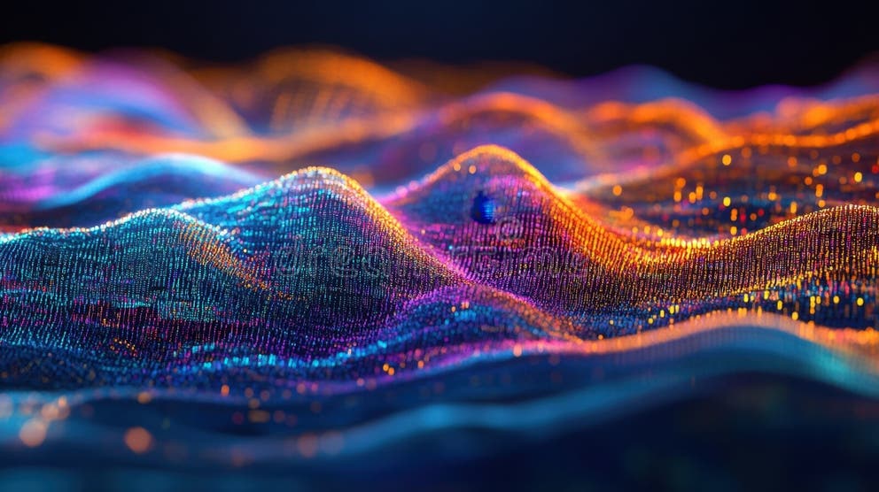 Colorful Particle Grid Forming Rolling Hills in a Digital Landscape ...