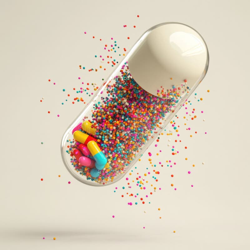 Colorful Particles Spill Out from a Transparent Split Capsule in a ...