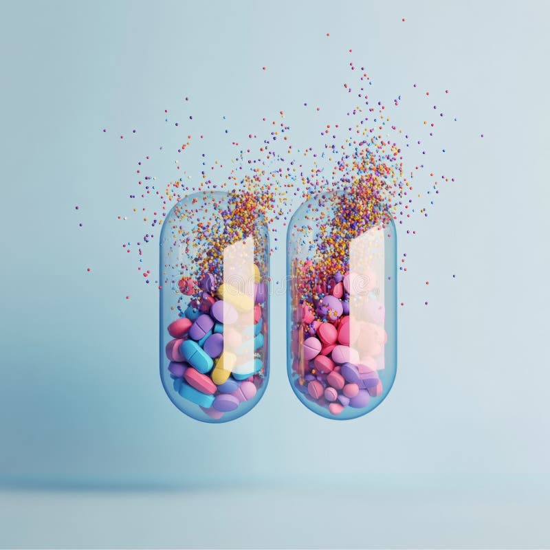 Colorful Particles Spill from Split Capsule Contrasting Against a Light ...