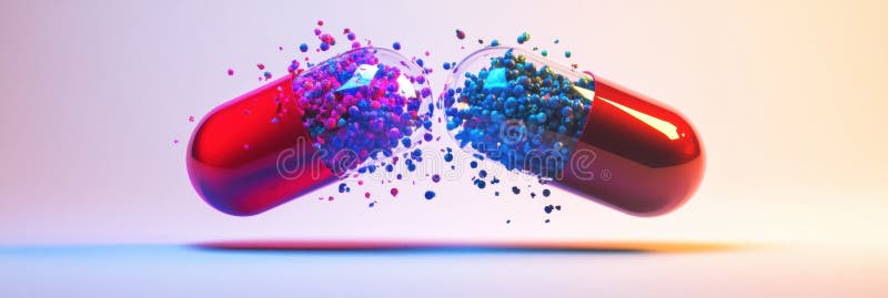 Colorful Particles Spill from a Split Capsule in a Vibrant and Dynamic ...