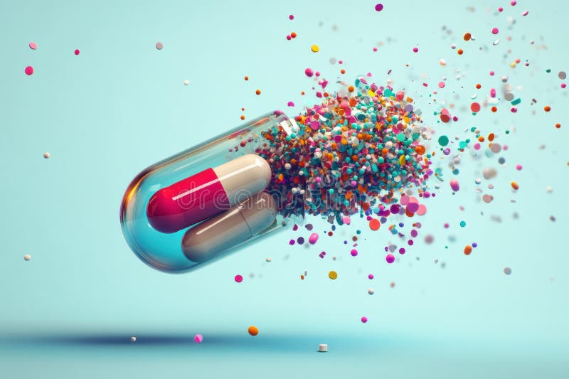 Colorful Particles Spilling from a Split Capsule in a Dynamic, Creative ...