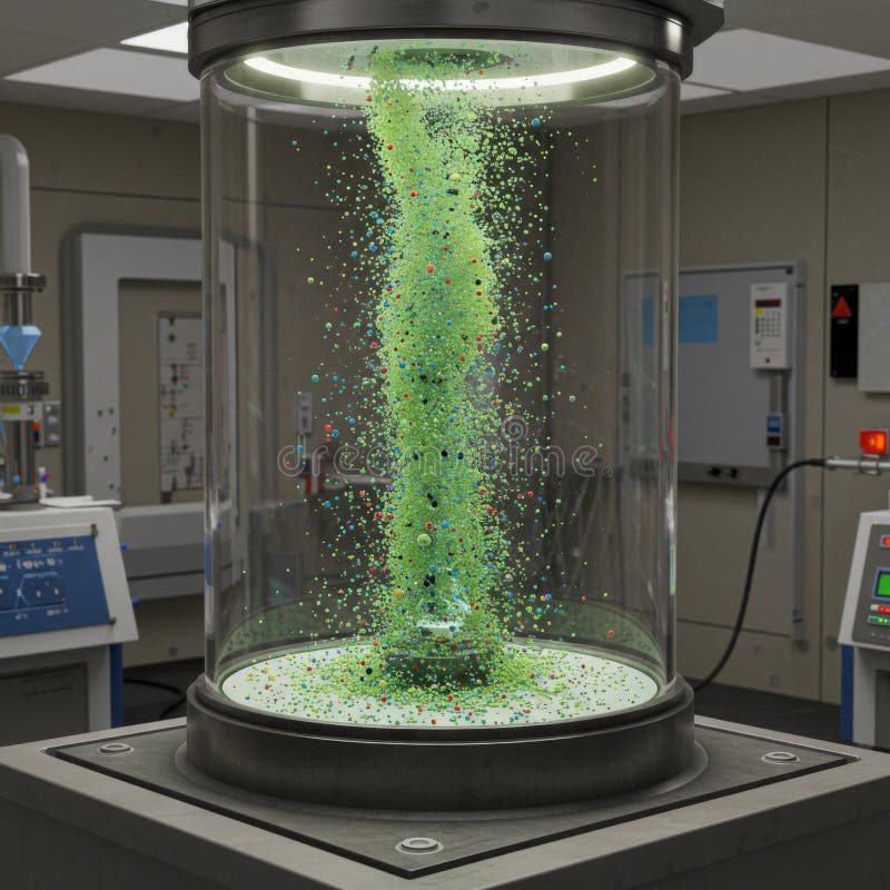 Colorful Particles Swirling in Glass Cylinder in Lab Stock Illustration ...