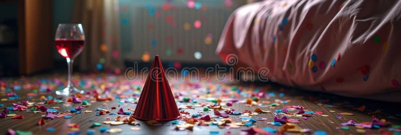 Colorful Party Aftermath in Bedroom with Confetti and Party Hat Stock ...