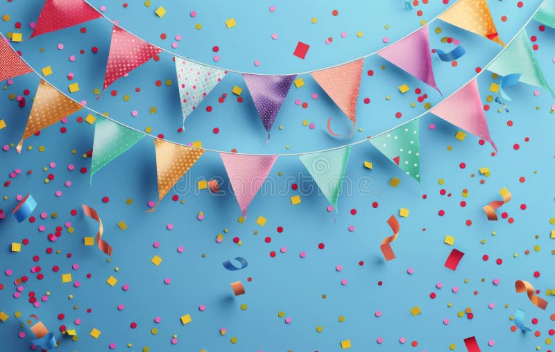 Colorful Party Banner with Confetti on Blue Background Stock Photo ...