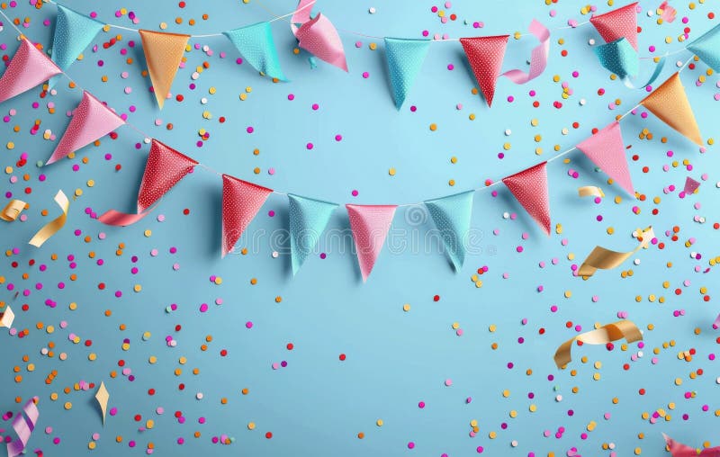 Colorful Party Banner with Confetti on Blue Background Stock Photo ...