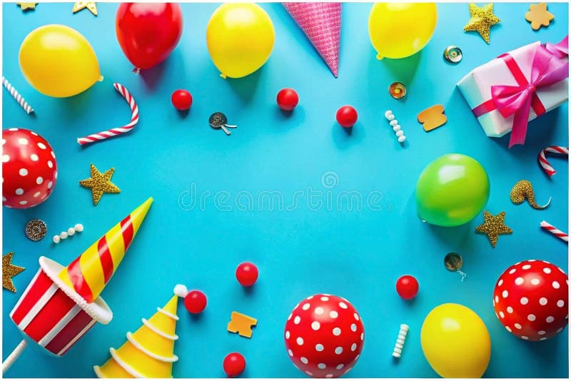 Colorful Party Decorations Frame on Blue Background Stock Illustration ...