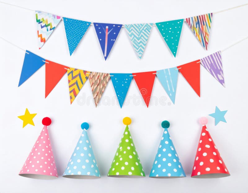 Colorful Party Decorations with Triangular Banner and Hats Stock ...