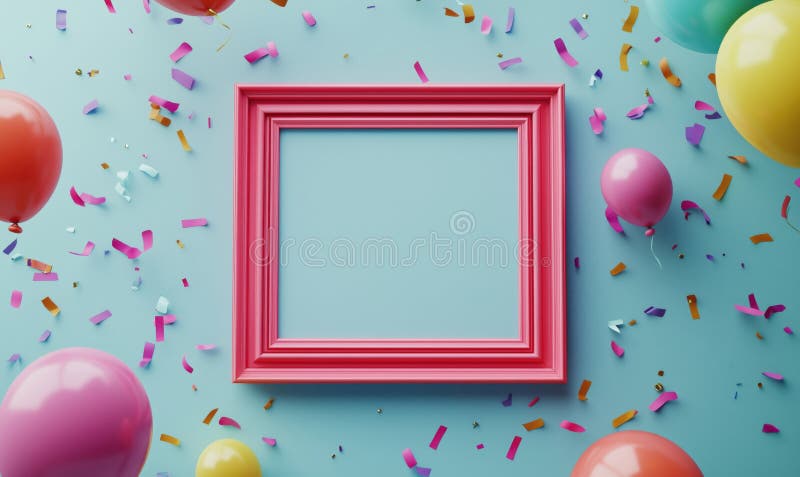 Colorful Party Frame with Balloons and Confetti on Blue Background ...