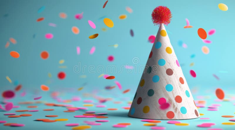 Colorful Party Hat with Confetti Falling on Blue Background Stock Image ...