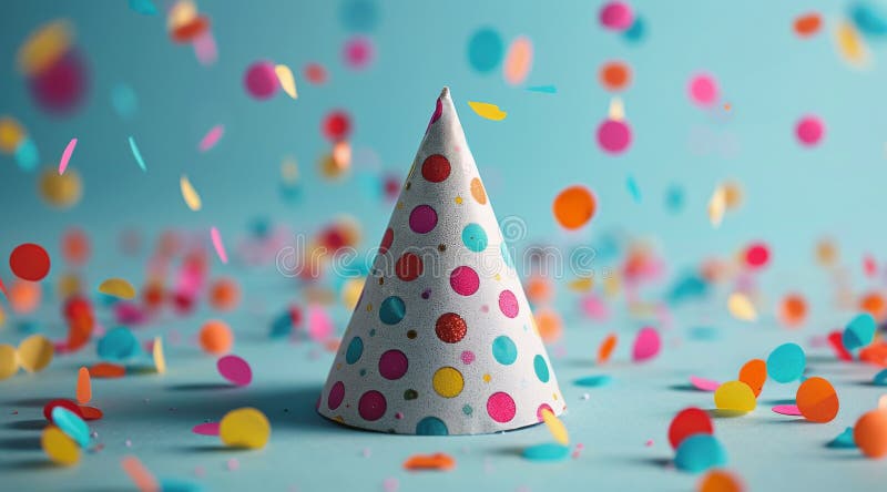 Colorful Party Hat with Confetti Falling on Blue Background Stock Image ...