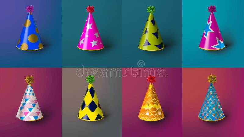 Colorful Party Hats Array on Vibrant Backgrounds for Celebration Stock ...
