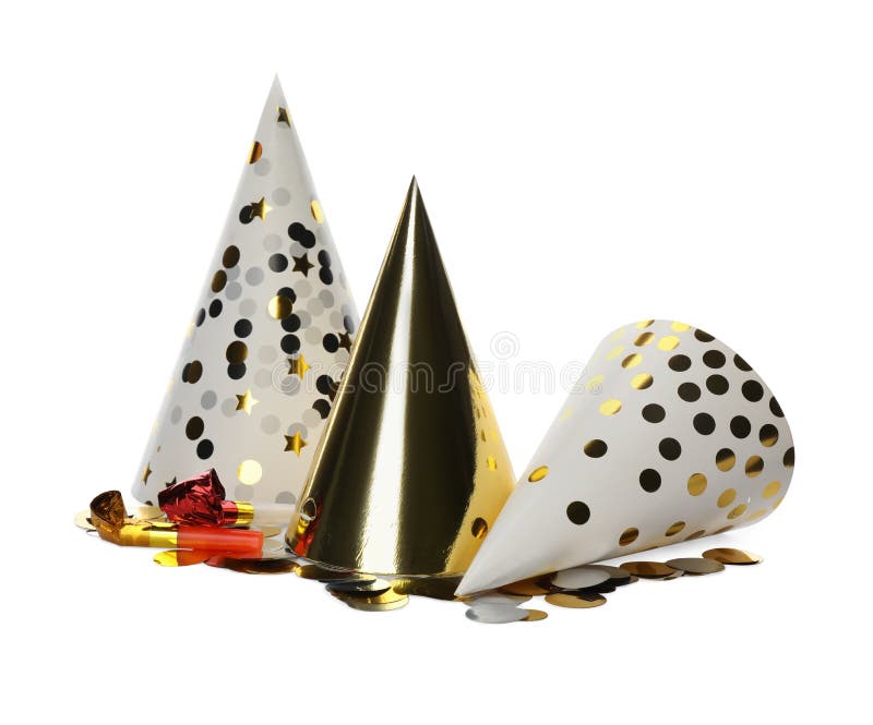 Colorful Party Hats and Other Festive Items on White Background Stock ...