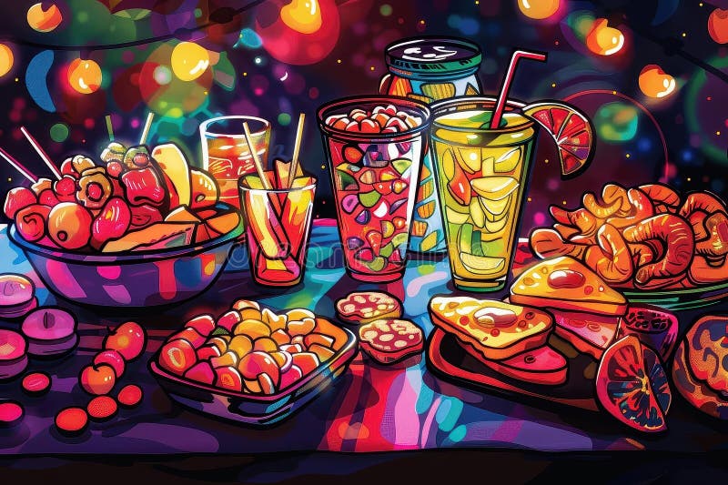 Colorful Party Table with Snacks and Drinks Stock Illustration ...