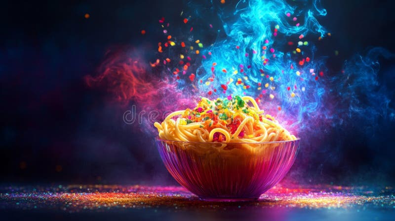 Colorful Pasta Bowl with Magical Smoke and Sprinkles Stock Illustration ...