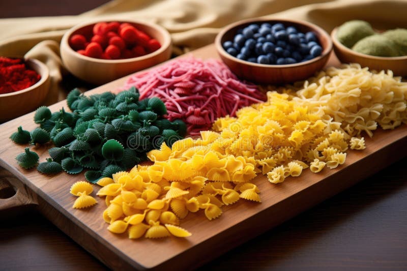 Colorful Pasta Varieties on a Wooden Board Stock Illustration ...