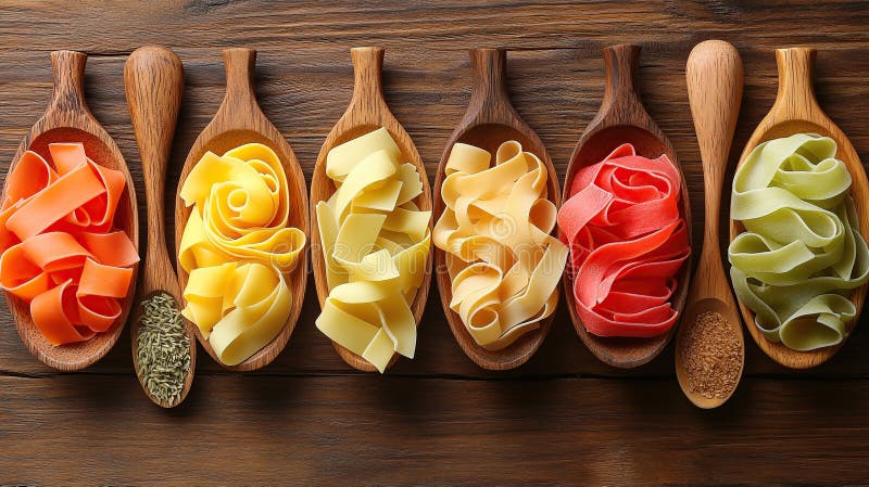 Colorful Pasta Varieties in Wooden Spoons on a Rustic Wooden Surface ...