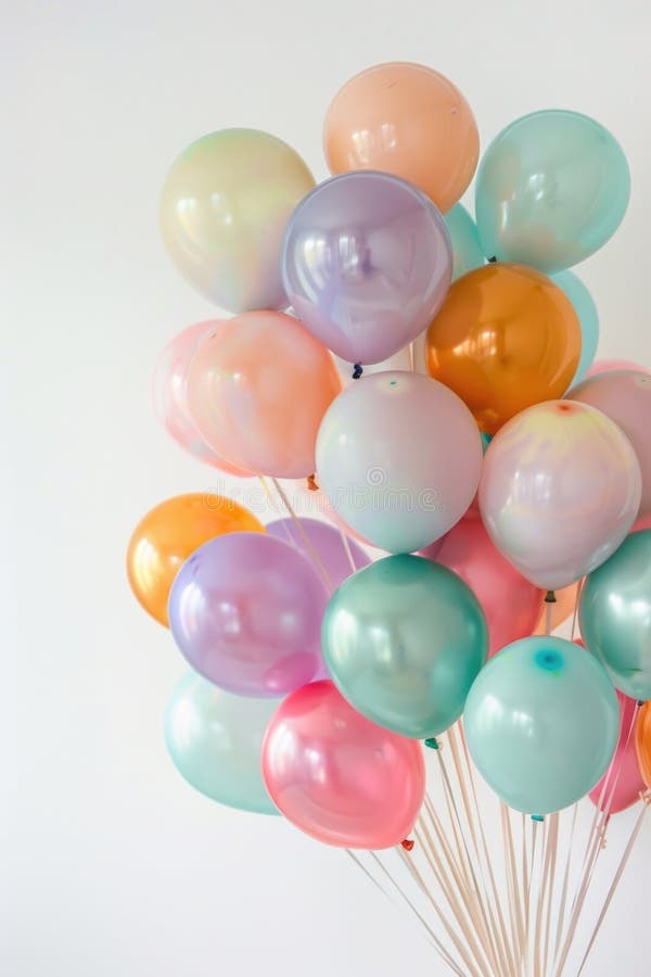 Colorful Pastel Balloons Cluster Against Light Grey Background Stock ...