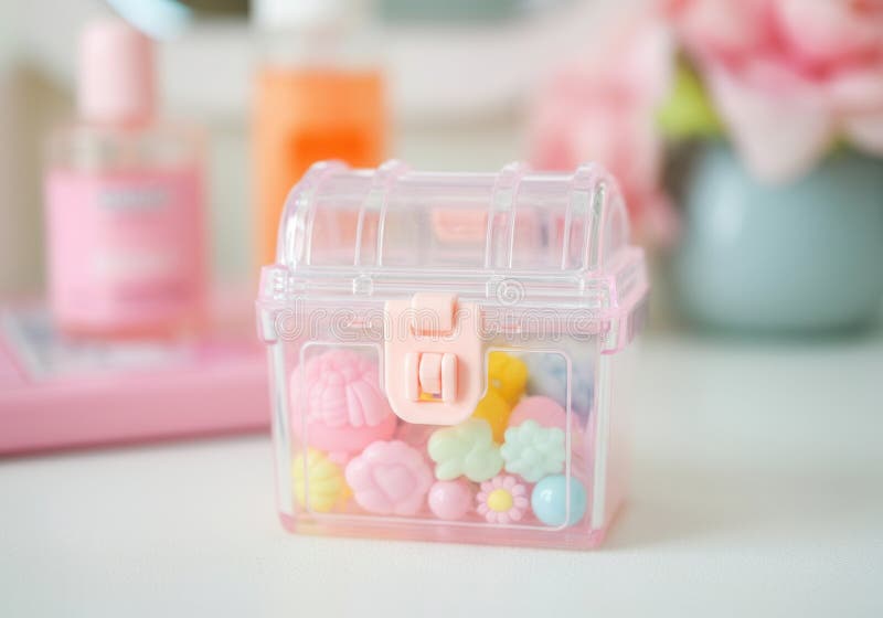 Colorful Pastel Beads in Transparent Pink Box on Soft Blurred ...