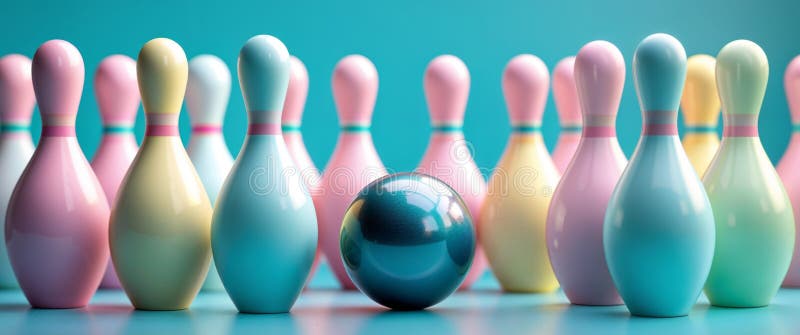 Colorful Pastel Bowling Pins and Ball on Turquoise Background. Stock ...