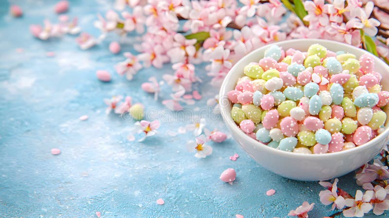 Colorful Pastel Candies in a Bowl with Flowers Stock Image - Image of ...