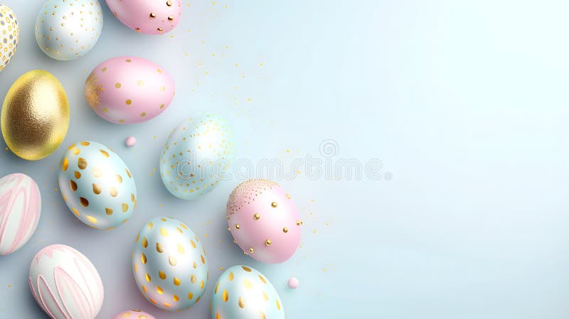 Colorful Pastel Easter Eggs with Cute Golden Patterns on a Plain Pastel ...