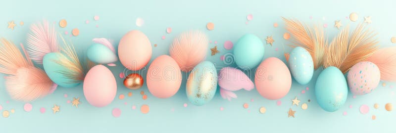Colorful Pastel Easter Eggs and Feathers on Light Blue Background ...