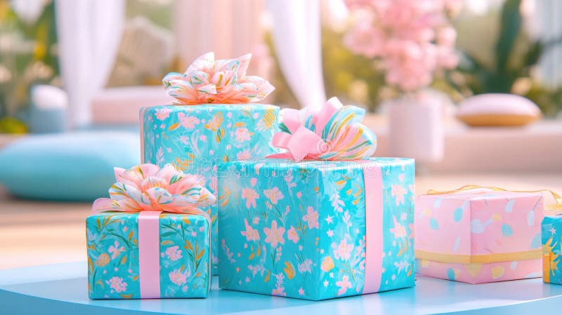 Colorful Pastel Gift Boxes with Floral Pattern and Ribbons Stock ...
