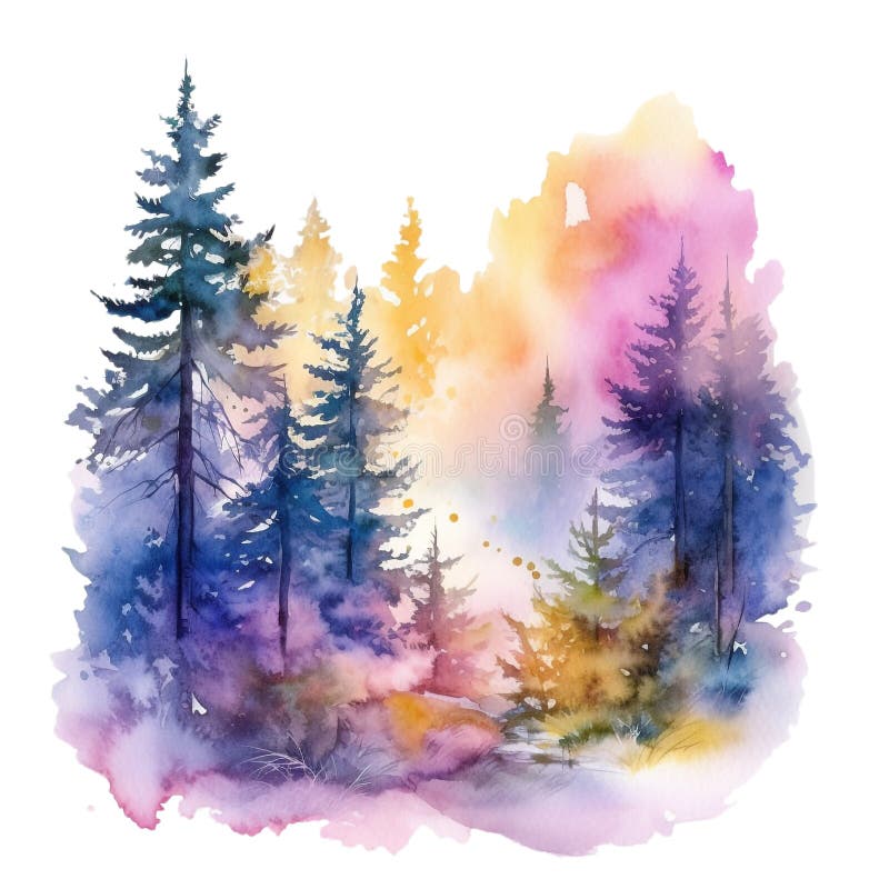 Colorful Pastel Watercolor Pine Forest Scene Stock Illustration ...
