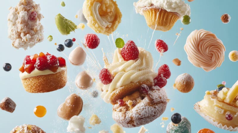 Colorful Pastries and Cakes Floating on Blue Background Stock ...