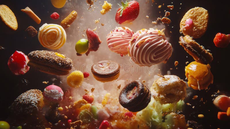 Colorful Pastries and Sweets Exploding Against Dark Background Stock ...