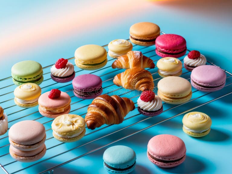 Colorful Pastries on Wire Rack with Blue Background. Stock Photo ...