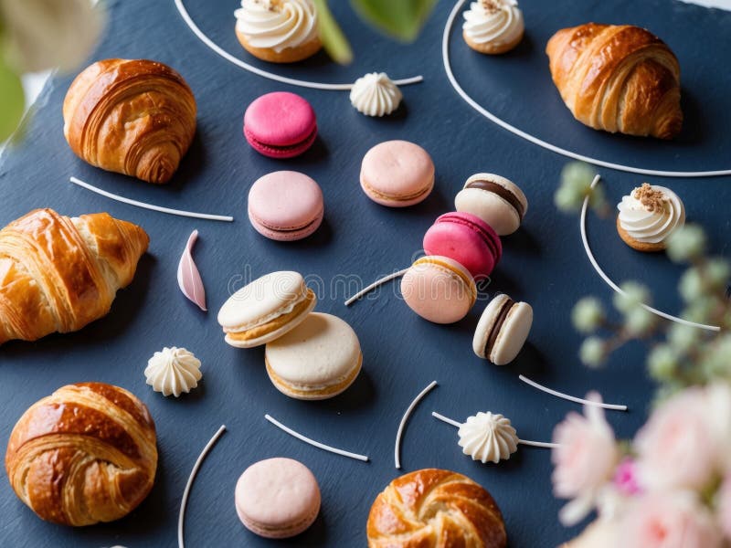 Colorful Pastry Layout on Blue Slate Background. Stock Image - Image of ...