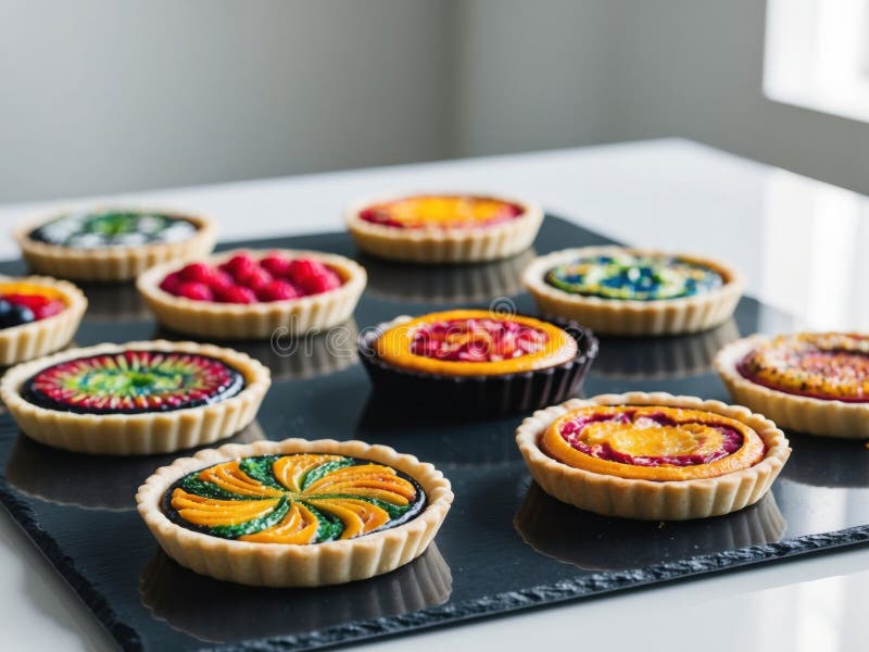 Colorful Pastry Tarts on Black Slate Background. Stock Illustration ...
